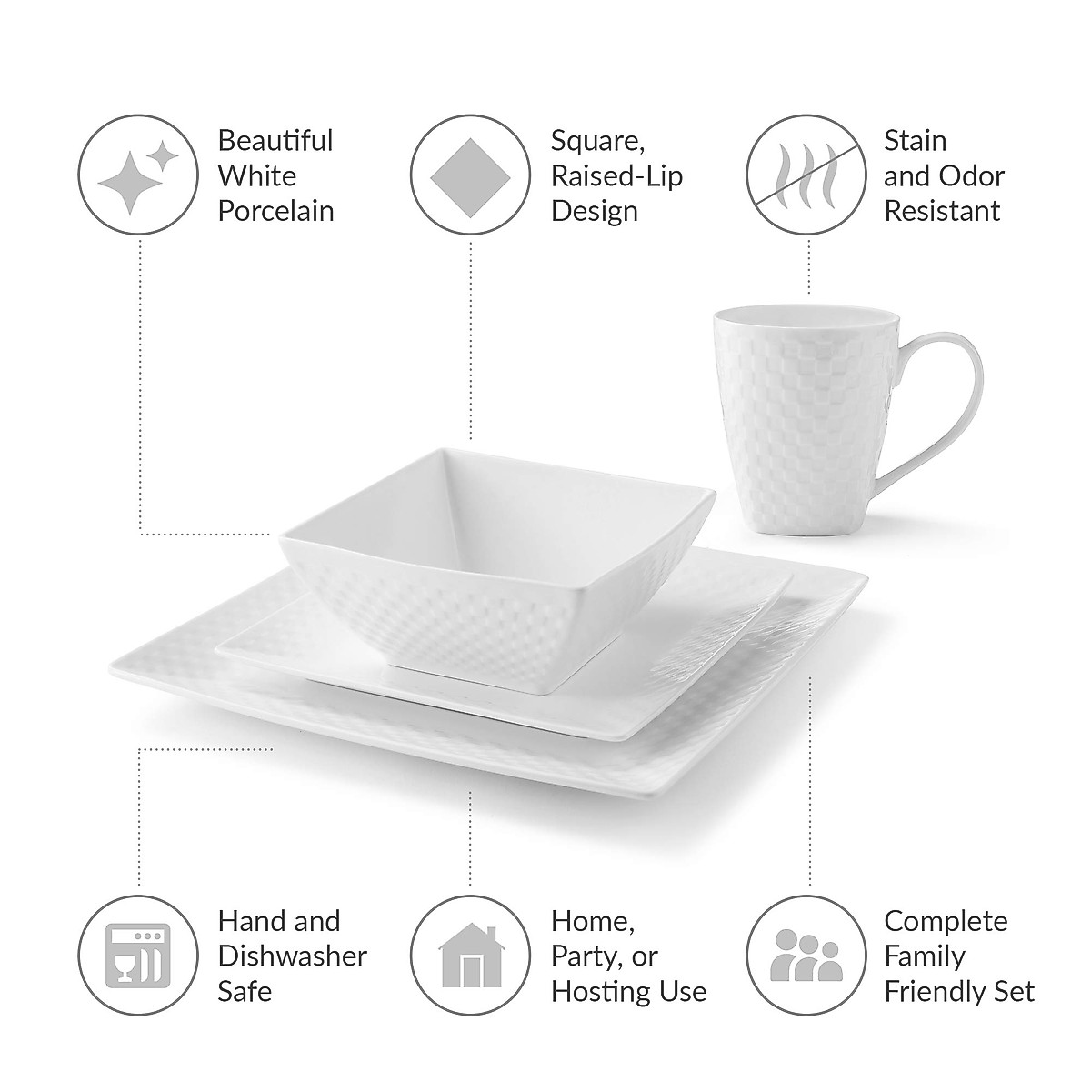 32 Pc. Square Basketweave Porcelain Dishes Set – White Dinner Plates, Bowls, Coffee Cups