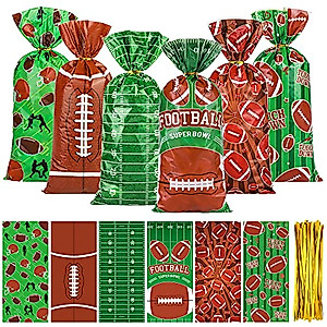MIMIND 120 Pieces Super Bowl Football Cellophane Bags Super Bowl Heat Sealable Football Field Treat Bags with Gold Twist Ties for Football Party Decors, Sport Party Supplies, Team Gift, 6 Styles