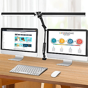 JOSTIC Double Head LED Desk Lamp with Clamp, Desk Lamps for Home Office, 5 Color Modes, 10 Brightness, Architect Task Lamp, Modern Swing Arm Workbench Office Lighting, Dimmable Brightest Light, Black