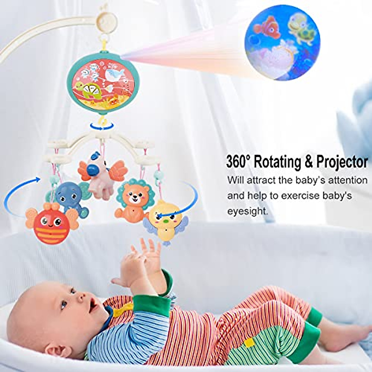 MARUMINE Baby Musical Crib Mobile with Night Light, Timer, Hanging Rattles, Nursery Ceiling Star Projector, Take Alone Music Box with Remote, Relaxing Soother Toys for Newborn Babies Boys Girls