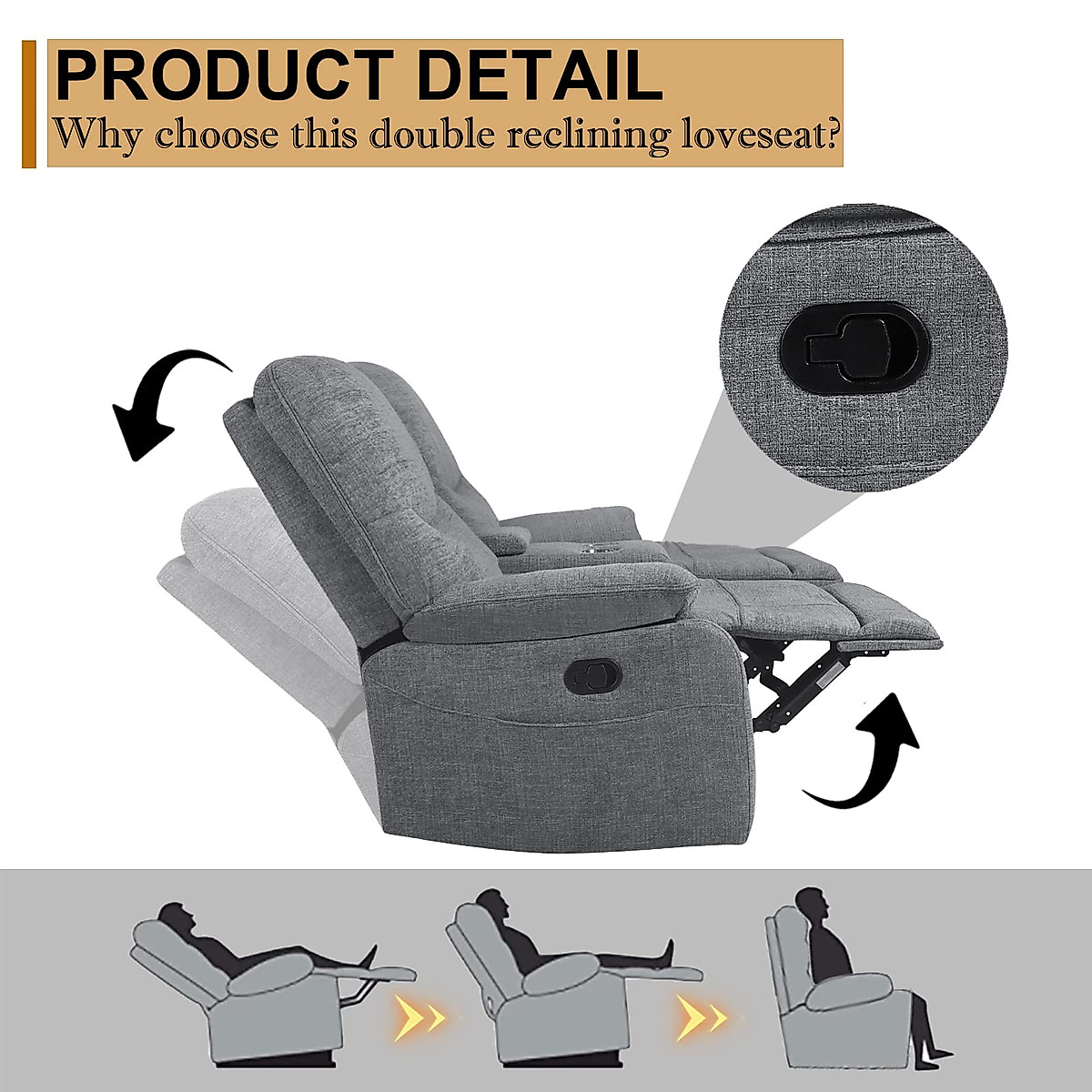 B BAIJIAWEI Double Reclining Loveseat - Fabric Home Theater Seating with Console - 2 Seater Manual Reclining Couch for Living Room, Office (Fabric- Light Grey)