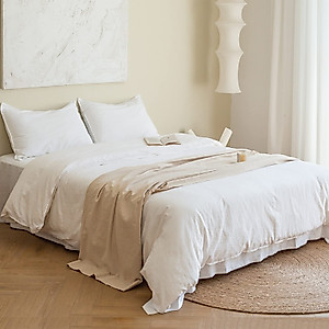 BISELINA French Linen Duvet Cover Set 3pcs with Hidden Zipper Closure Natural Flax Cotton Blend Solid Color Soft Breathable Luxury Farmhouse Bedding -Queen Size, White