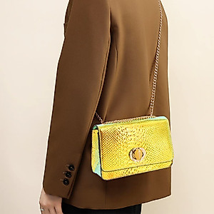 Gabrine Womens Evening Bag Holographic Snake Skin Leather Shoulder Bag Crossbody Bag with Detachable Chain, Yellow