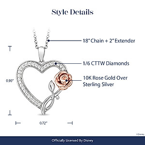 Jewelili Enchanted Disney Fine Jewelry Silver and 10K Rose Gold with 1/6 CTTW Diamonds Belle Rose with Heart Pendant