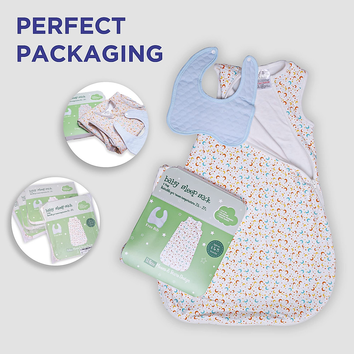 Baby Sleep Sack and Baby Bibs with 100% Cotton Material Toddler Sleeping Sack, Cute and Comfortable Baby Swaddle Sack has Adjustable Length for Infants and Toddlers (White, 6-15 Months)