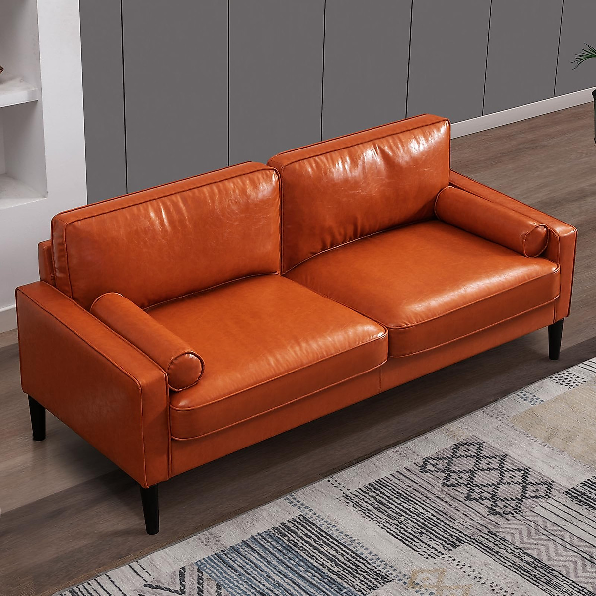 Mjkone 76" Upholstered 3 Seats Sofa, Cognac PU Leather 3-Seater Sofa Chair with Bolster Cushions, Faux Leather Brown Room Furniture, Modern Sectional Sofa Couch for Home Living Room/Apartment/Office