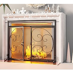 Fire Beauty Fireplace Screen with Magnetic Doors,Large Metal Fireplace Screen for Home,Spark Guard,Decorative Metal Furnace Fireguards,Baby Safe Spark Guard Protector,Black