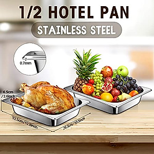 Baderke Stainless Steam Hotel Pans with Lids, 0.7 mm Thick 304 Stainless Steel Hotel Pan Anti Clogging Steam Table Pan for Food Warmer Cooking Heat, Multi Size (4 Pack, 1/2 Half Size x 2.5 Inch Deep)
