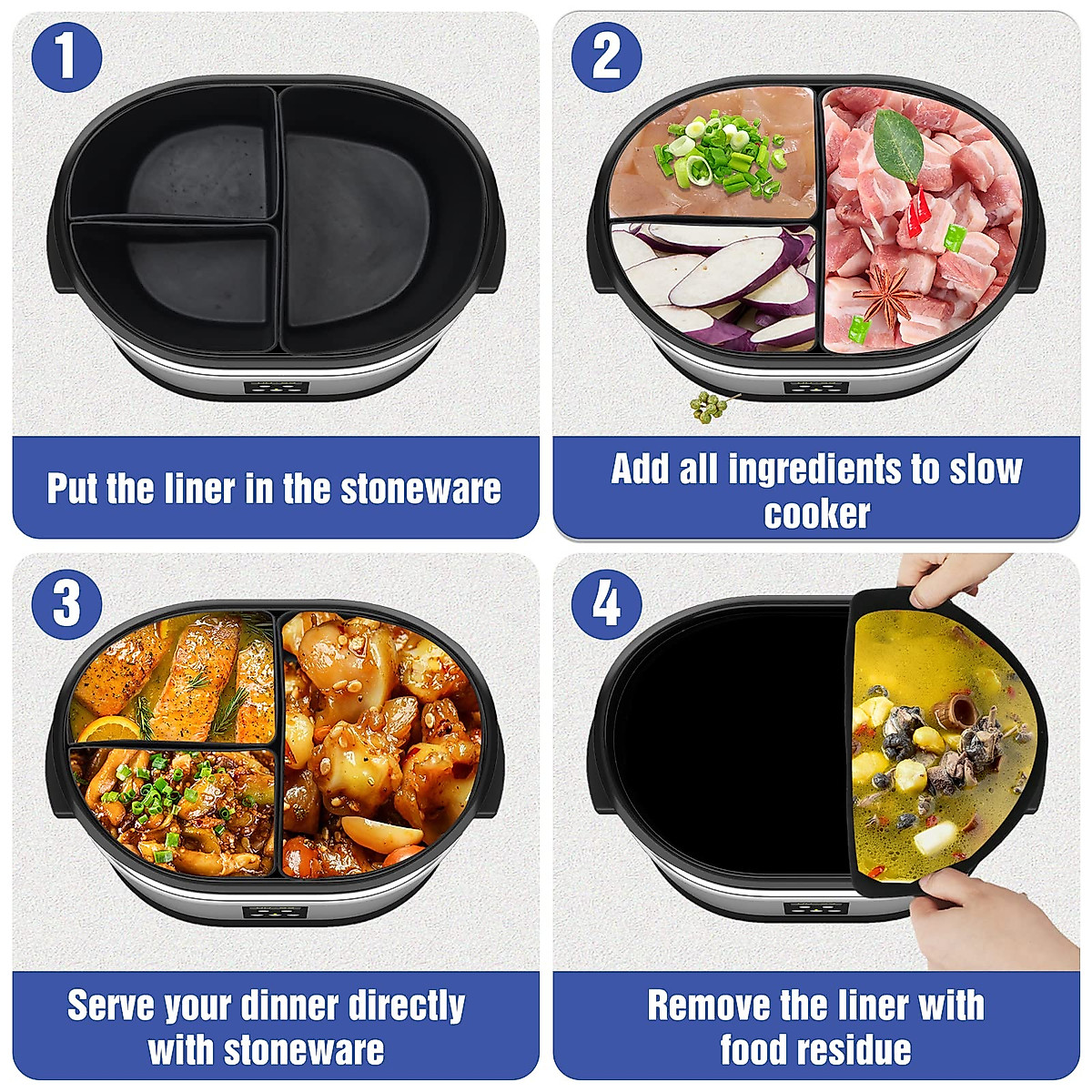 Silicone Slow Cooker Divider Liner fit CrockPot 6QT 7QT, Reusable & Leakproof Divider Insert, Dishwasher Safe Cooking Liners for Crock Pot 6 Quart / 7 Quart, BPA Free,Black