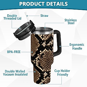 Yasala Car Tumbler with Handle Fancy Snakeskin Brown Travel Mug Coffee Cup Insulated Beverage Container Mega Cup for Hot Cold Drinking Thermos Water Bottle Cupholder Friendly 40 oz