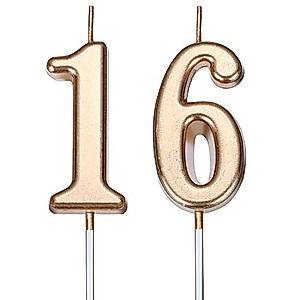 16th Birthday Candles Cake Number Candles Happy Birthday Cake Candles Topper Decoration for Birthday Wedding Anniversary Celebration Favor, Champagne Gold