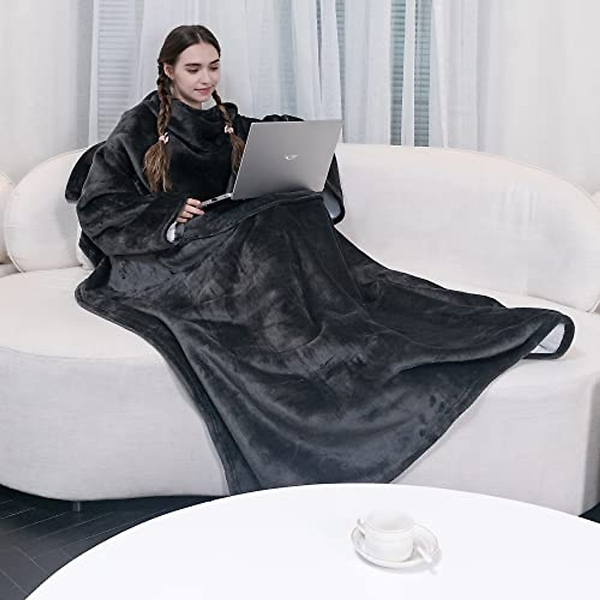 NordECO HOME Sherpa Wearable Blanket for Adults, Oversized Blankets for Women and Men with Warm Sleeve and Big Pockets, Valentines Day Gifts Long Fleece TV Throws Blanket 72" x 55" (Deep Grey)