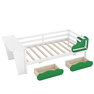 FIQHOME Twin Size Daybed with 2 Storage Drawers and Desk, Wood Kids Twin Bed Frame with Green Leaf Shape Shelves, Twin Sofa Bed Frame for Kids Girls Boys, No Spring Box Required, White