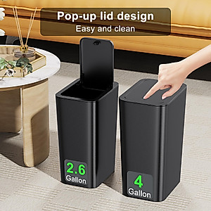 N. NETDOT 3 Pack (2 of 4 Gal & 1 of 2.6 Gal) Small Trash Can with Lid,Bathroom Garbage Can with Pop-Up Lid,Waste Basket for Bathroom,Kitchen,Bedroom,Powder Room,Craft Room,Office,College (Black)