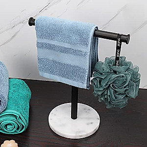 Winmien Stand Towel Rack with Thickened Marble Base, SUS304 Stainless Steel T-Shape Hand Towel Holder for Bathroom Vanity Countertop (Matte Black+Marble)