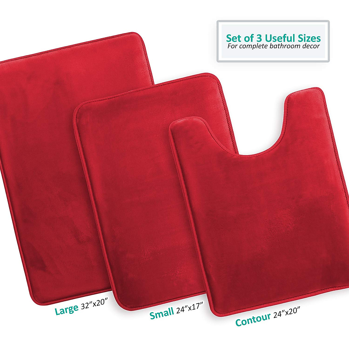 Clara Clark Memory Foam Bath Mat Set Non Slip Absorbent Velvet - Fast Drying Bath Mats Bathroom Rug and Contour Rug Set 3 Piece - 20 x 32-17 x 24-19 x 24, Red