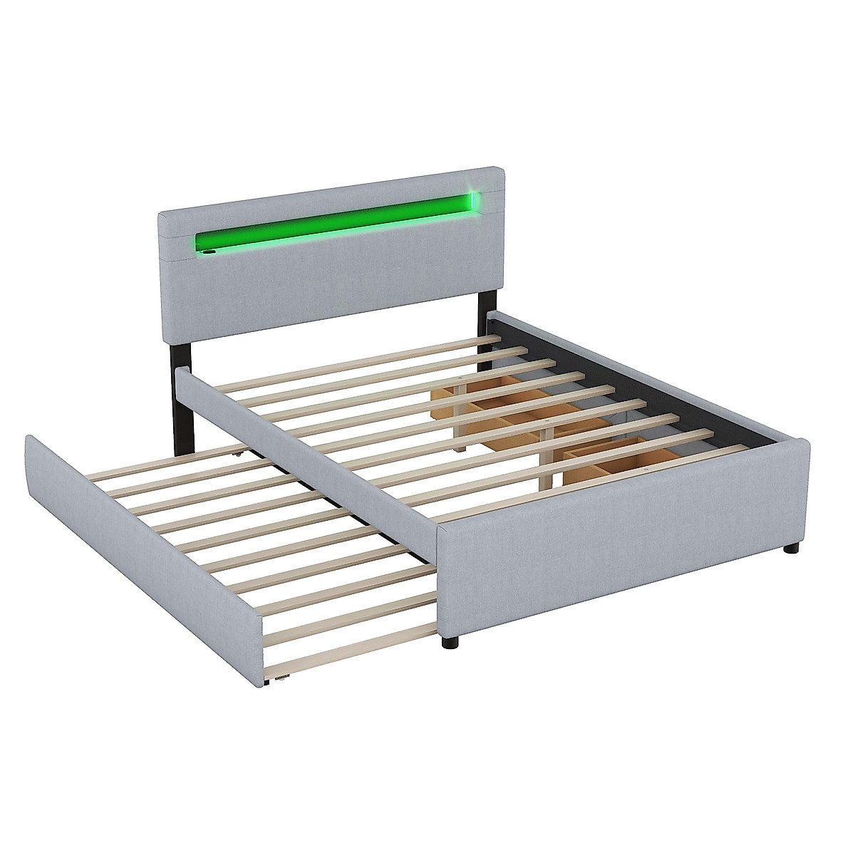 BOVZA Queen Size Upholstered Platform Bed with 2 Storage Drawers and Twin Trundle, LED Lights and USB Charging, Linen Queen Bed Frame with Headboard and Wood Slat Support, Gray