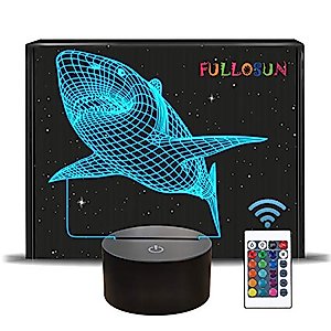 FULLOSUN 3D Illusion Lamp, Shark Night Light with Remote Control Optical Touch 16 Color Changing Desk Lamps Kids Room Decor Festival Birthday Present Gifts for Toddlers Boys Child