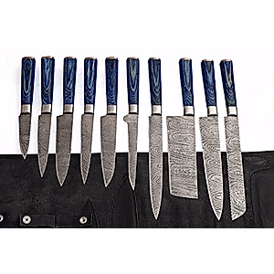 G25- Professional Kitchen Knives Custom Made Damascus Steel 10 pcs of Professional Utility Chef Kitchen Knife Set Round Blue Wood Handle with Pocket Case Chef Knife Roll Bag by GladiatorsGuild