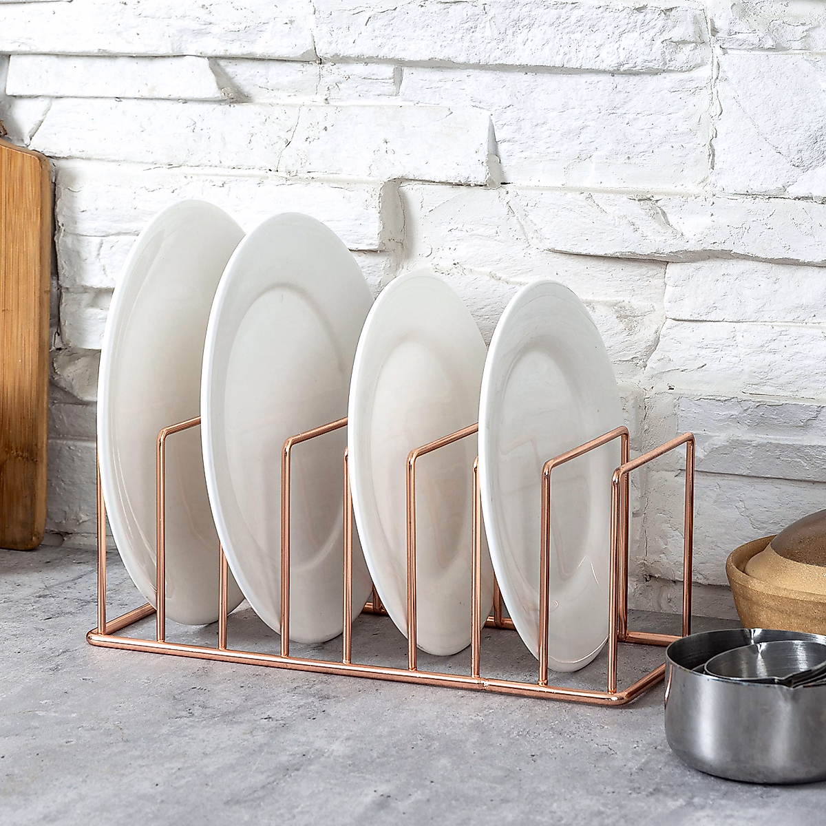 MyGift Modern Copper Tone Metal Wire Kitchen Dish Drying Rack - Dishes Storage Organizer for Flat Dinner Plates, Cutting Boards, Serving Trays