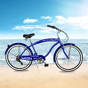 MICARGI Rover Lightweight Beach Cruiser Bike for Men, Adult,24 Inch Wheels, Featuring Steel Step-Over Step Through Steel Frame, 7 Speed Coaster Brake, Hybrid Bike, Complete Cruiser Bikes, Blue