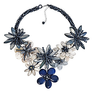 AeraVida Unique Night Garden Black and Blue Stone with Crystal Bead Statement Necklace | Handmade Flower Collar Necklace | Boho Jewelry | Gift for HER