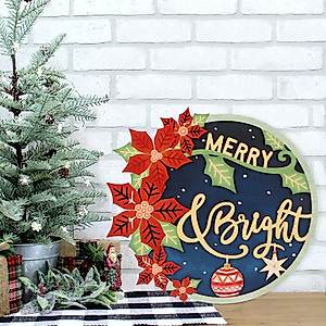CHDITB Christmas Decoration Merry & Bright Door Sign(11.4"x11.4"), Wooden 3D Christmas Wall Hanging Sign with Mistletoe Jingle Bell, Cute Housewarming Gift for Home Office Xmas New Year