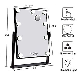 Hansong Lighted Vanity Mirror Makeup Mirror with Lights Hollywood Mirror with 9 LED Bulbs and Detachable 10X Magnification Black Vanity Mirror with Lights 360 Degree Rotation