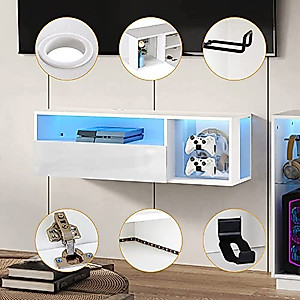 SogesPower Floating TV Stand Wall Mounted with Lights,LED TV Stand Floating Entertainment Center with Storage for Bedroom Living Room,Modern Floating Shelf for Under TV,White 40"