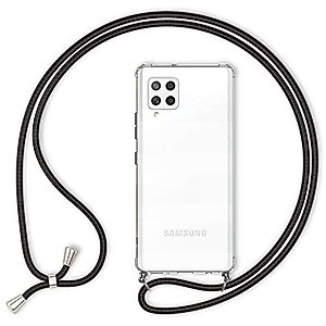 NALIA Necklace Cover with Band Compatible with Samsung Galaxy A42 5G Case, Transparent Protective Hardcase & Adjustable Holder Strap, Easy to Carry Crossbody Phone Bumper Rugged Skin, Color:Black