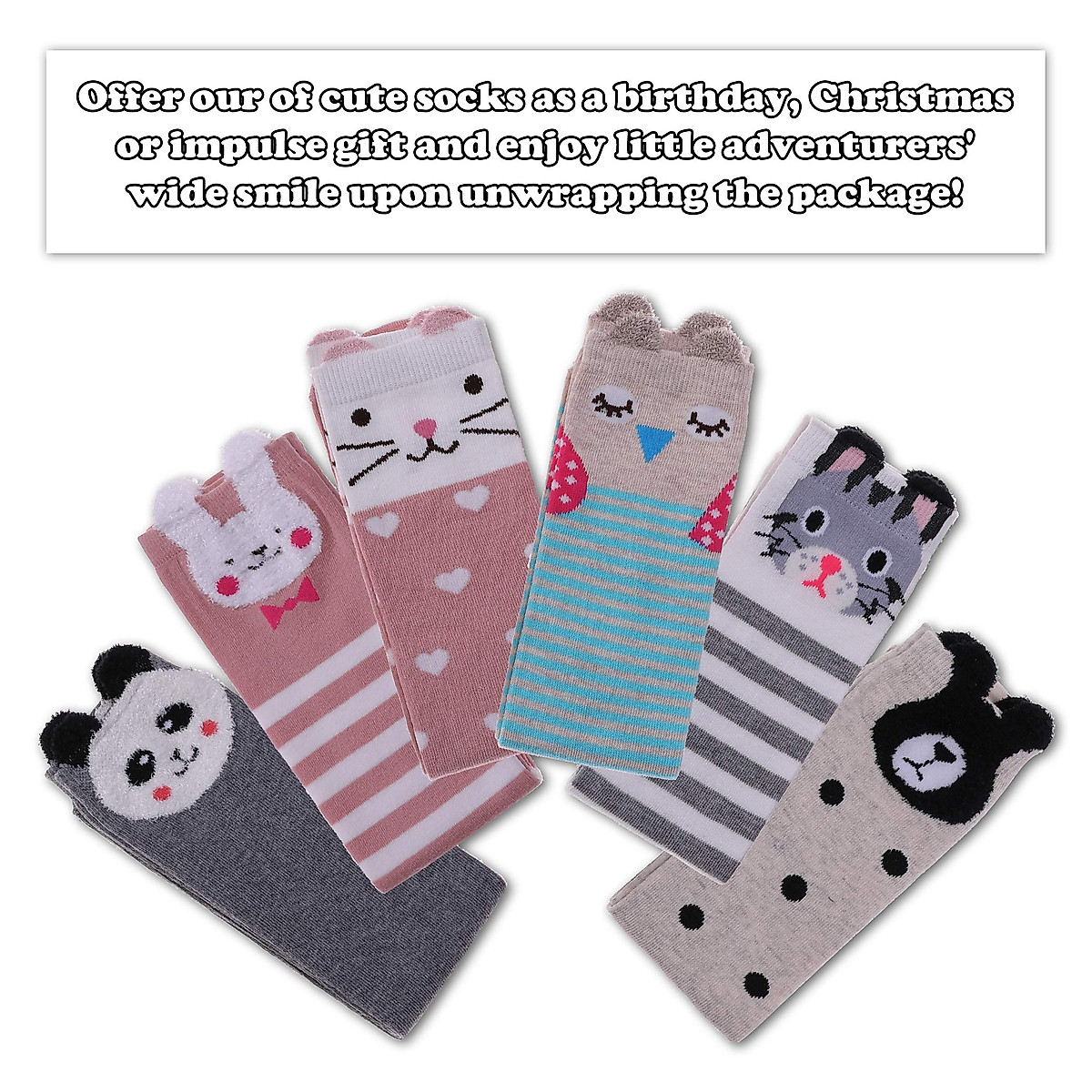 FNOVCO Girls Knee High Socks Cartoon Animal Patterns Cotton Over Calf Socks (6 Pairs Animal)
