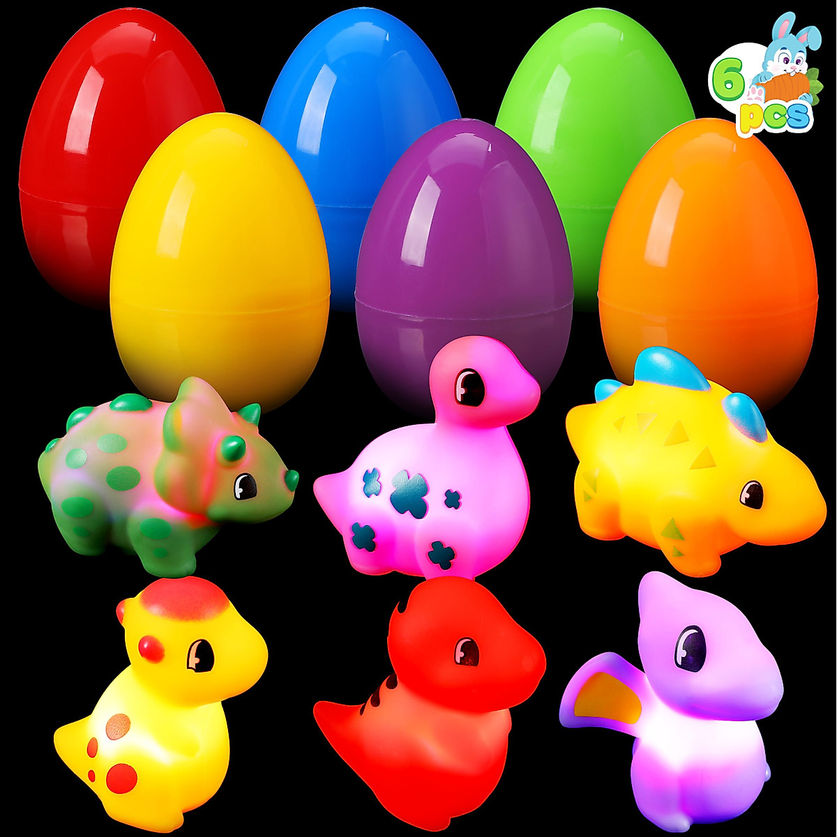 JOYIN 6 Pcs Pre-Filled Easter Eggs with Light-up Floating Dinosaur Bath Toys for Kids Toddlers Easter Eggs Hunt, Basket Stuffers/Fillers, Party Favor, Classroom Prize Supplies