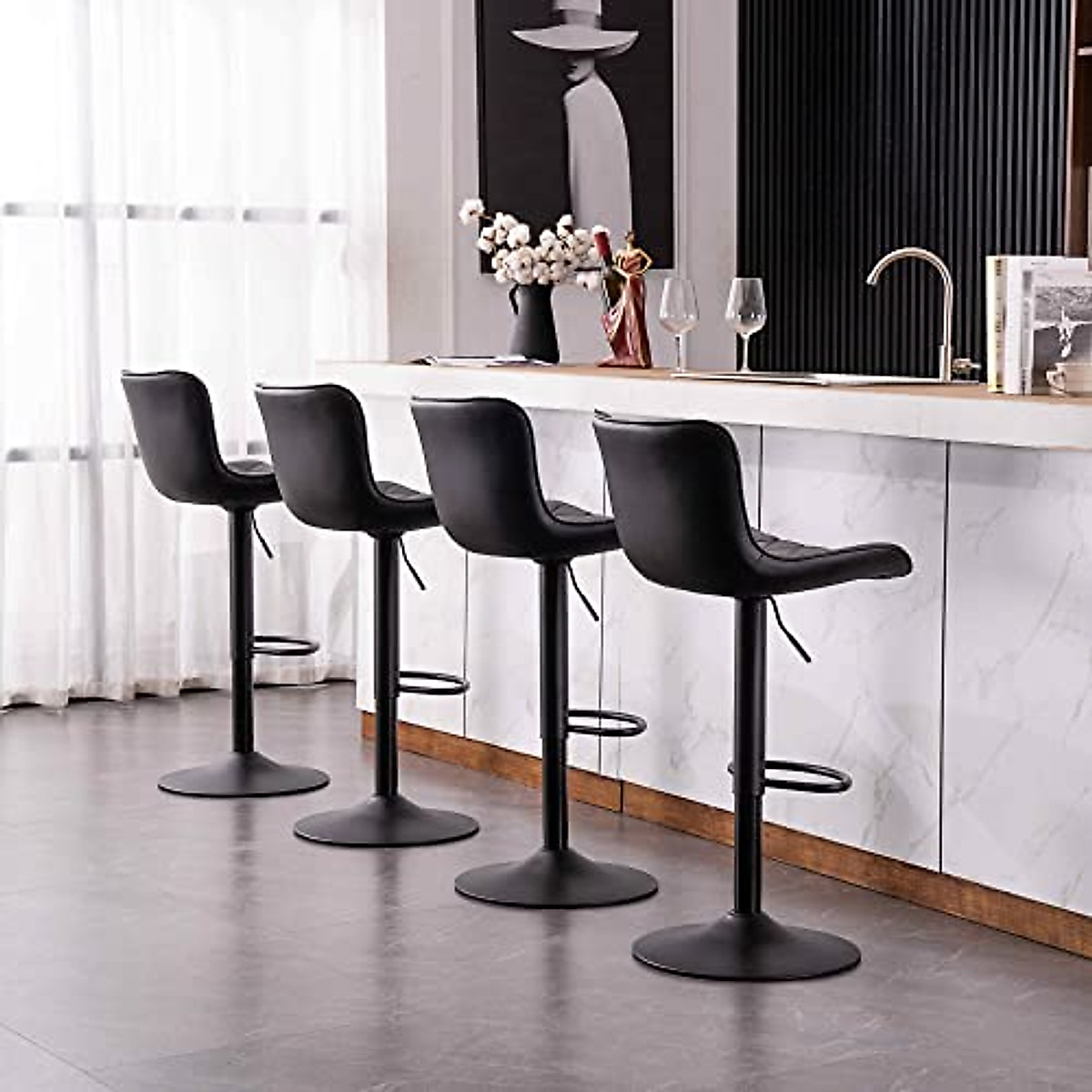 Kidol & Shellder Bar Stools Set of 2 Black Adjustable Barstools Bar Height Swivel Counter Stools High Back Upholstered Bar Chairs,3 Mins Quick Assembly,Loads Up to 300lbs