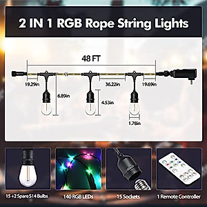 Docusvect Outdoor LED String Lights with RGB Fairy Lights, 48FT 15 Shatterproof Edison Bulbs + (2 Spare) Heavy-Duty Decorative IP65 Waterproof Connectable Hanging Patio Lights for Garden, Balcony