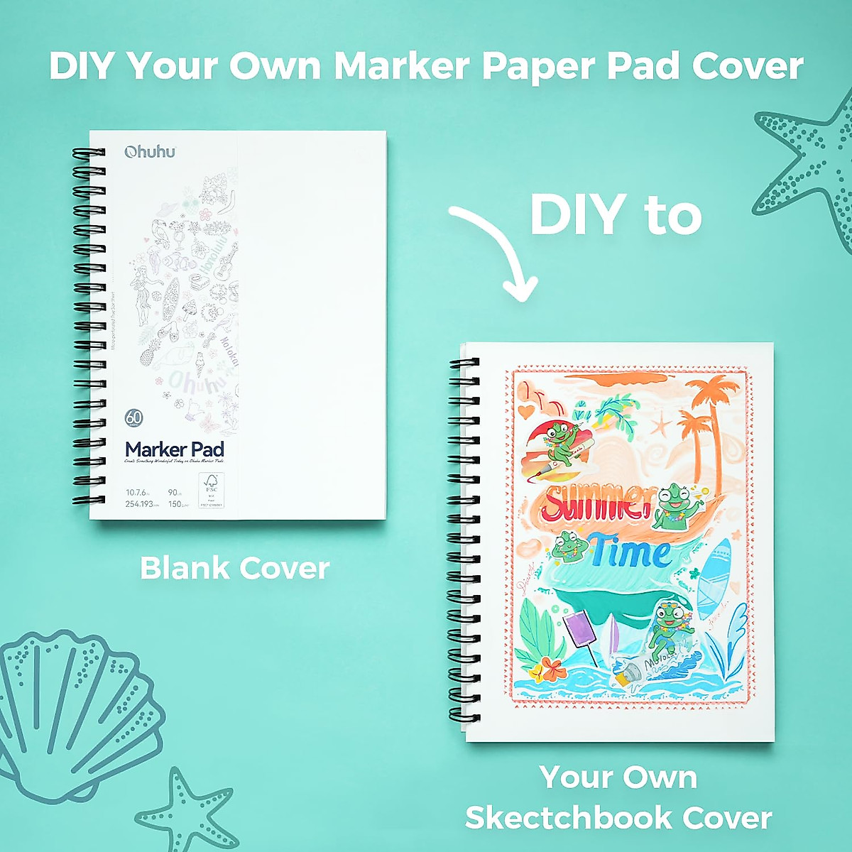 Ohuhu Double Sided Marker Pads Art Sketchbook Bleedproof - 7"x10" Large Paper Size - 90LB/150GSM Smooth Drawing Paper - 60 Sheets/120 Pages, Spiral Bound Sketching Book for Alcohol Markers Christmas