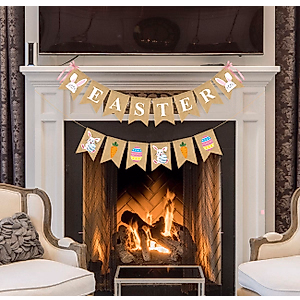 JOZON Easter Burlap Banner and Bunny Easter Eggs Carrot Burlap Banner Easter Banner Garland with Bunny Rabbit Signs and Bows Easter Decorations Party Decor for Easter Spring Party Supplies