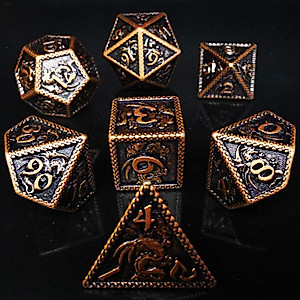MJDICEOK Dragon Metal DND Dice Set 7 Role Playing Dice Solid D&D Dice Red Copper