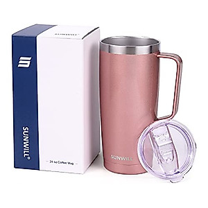 SUNWILL Travel Coffee Mug With Lid, Insulated Tumbler With Handle 24oz, Stainless Steel Coffee Tumbler Double Wall, Reusable Insulated Mug, Pearlized Rose Gold