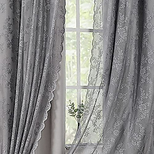 4 Pieces Grey Blackout Curtains & Elegant Rose Floral Lace Sheer Curtains for Bedroom Farmhouse Mix and Match Double Layer Or Single Layer Gray Room Darkening Grommet Window Drapes, 52"W x 84"L x 4