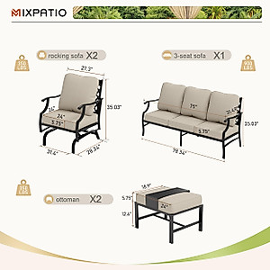 MIXPATIO Patio Furniture Set 5 pcs, Outdoor Patio Furniture Set, 3-Seat Sofa, 2 Rocking Chairs, 2 Ottomans and 5.75" Extra Thick Cushion, Patio Conversation Set for Garden Backyard Deck,Beige