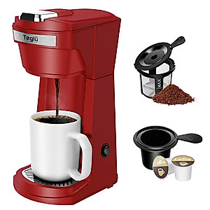 Single Serve Coffee Maker for K Cup & Ground Coffee, One Cup Coffee Machine 14 oz Fast Brewing, Fits Travel Mug 6.7", CM-208, Red