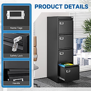 BYNSOE 4 Drawer File Cabinet with Lock Metal Vertical File Cabinet Office Home Vertical File Cabinet for A4 Legal/Letter Size Narrow File Cabinet Locked,Assembly Required (Black, 4 Drawers- Vertical)