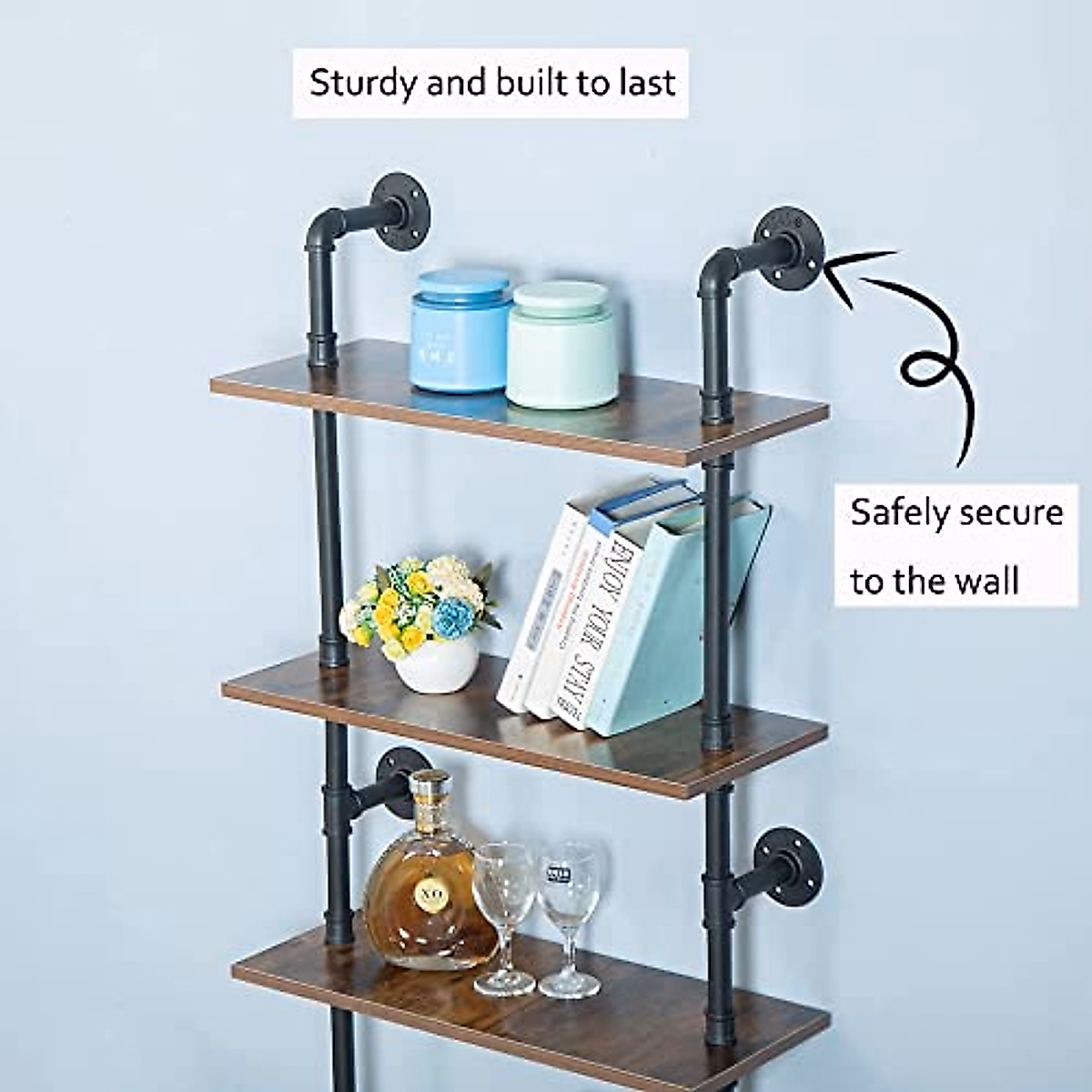 HEONITURE 5 Shelf Industrial Pipe Shelving, Black Modern Bookcase Bookshelf, Wall Mount Ladder Shelf with Metal Frame Display Selves