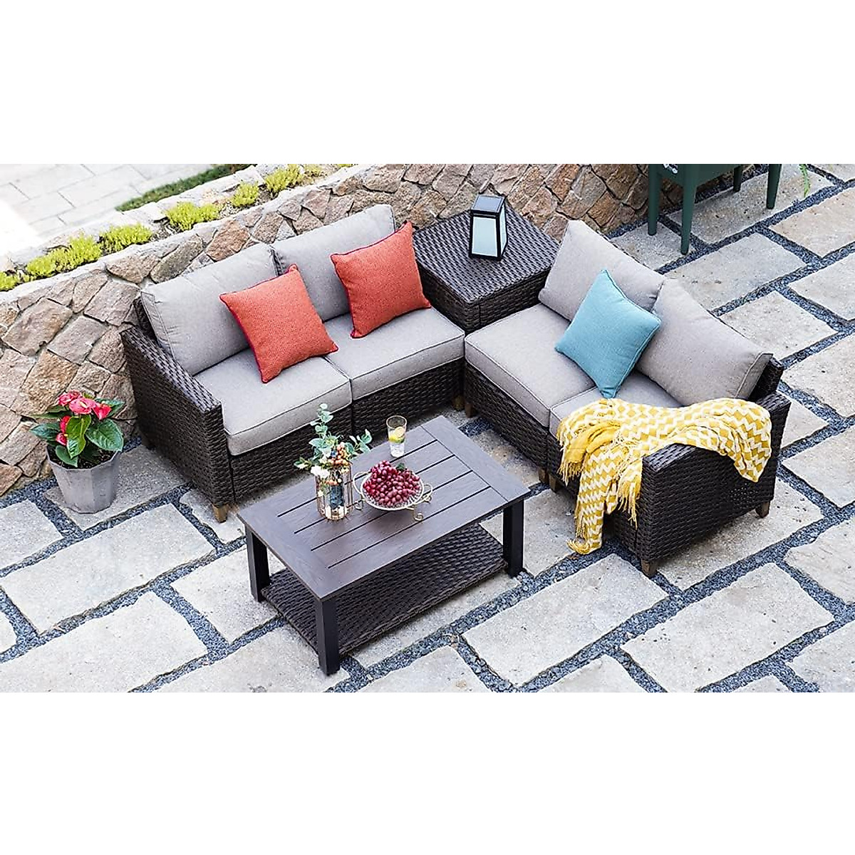 Grand patio Outdoor Coffee Table 40In Aluminum Steel Side Table Modern Rectangle Fits with Conversation Set All-Weather Resin Wicker Storage Shelf Wood Grain Finish Tabletop