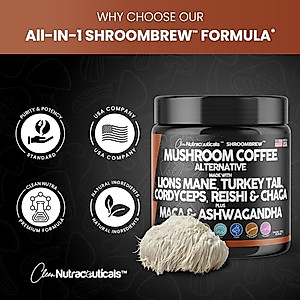 Clean Nutraceuticals Mushroom Coffee Alternative Mix - Maca Coffee with Lions Mane Mushroom, Cordyceps & Ashwagandha - Cacao Based with Maca Root, Turkey Tail, Chaga & Reishi Mushroom - USA Made