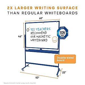 Rolling Magnetic Whiteboard 60 x 46 - Large Portable Dry Erase Board with Stand - Double Sided Easel Style Whiteboard with Wheels - Mobile Standing Whiteboard for Office, Classroom & Home
