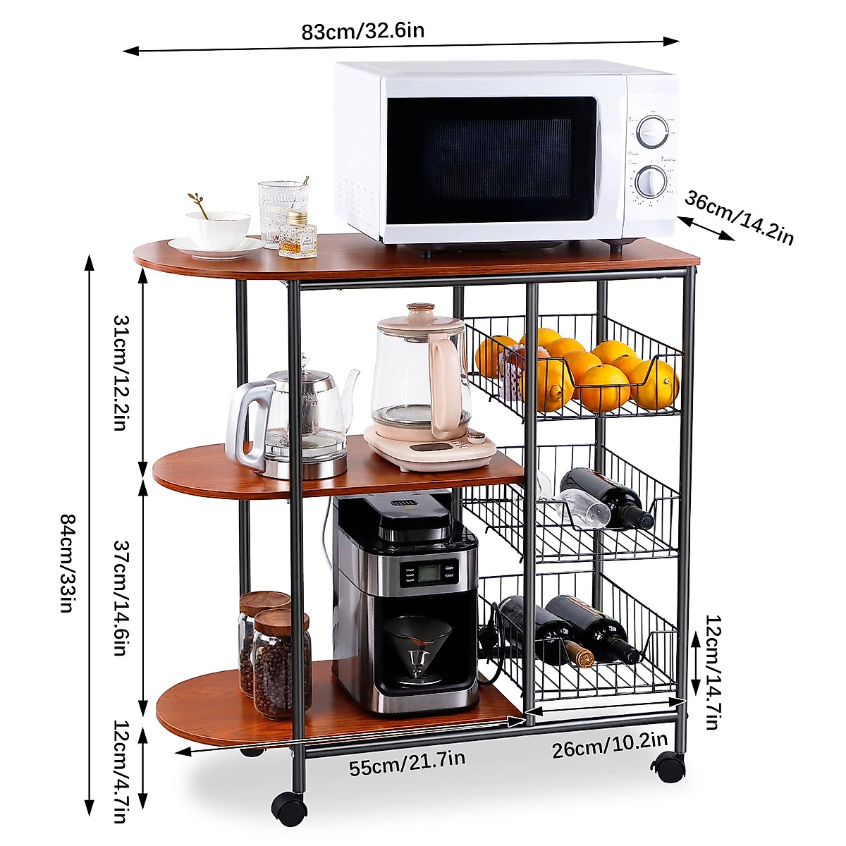 Microwave cart with Storage, Kitchen Microwave Serving Stand Carts with 4 Storage Shelf, Metal Coffee Bar on 4 Wheels and 3 wire baskets for Spice Rack Organizer Workstation, Easy assemble, 33 inch