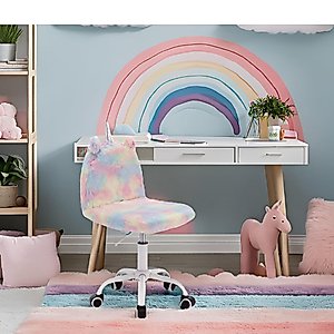 HNY Cute Unicorn Kids Desk Chair, Comfortable Fuzzy Small Desk Chair for Girls and Boys, Adjustable Swivel Chair with White Foot, Colorful