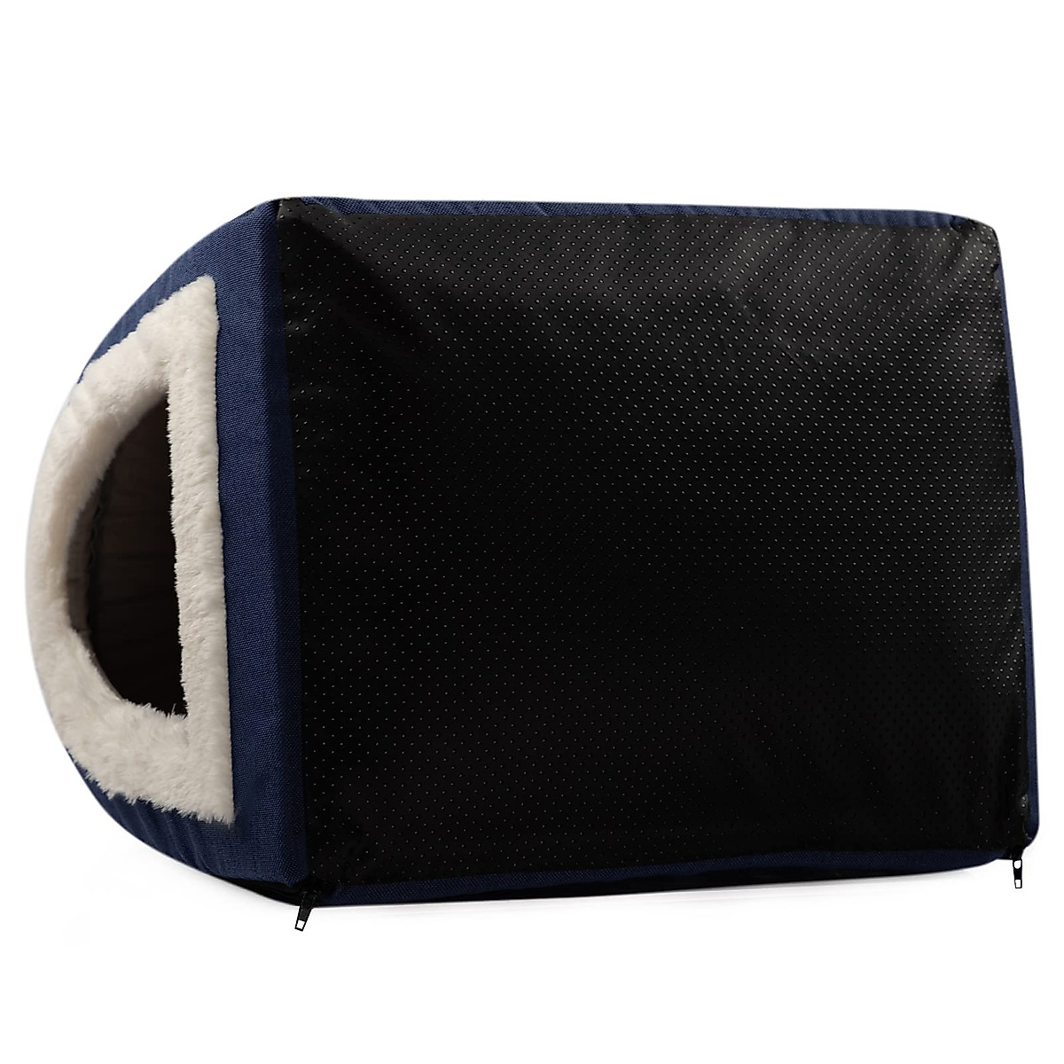 Hollypet Linen Cat Bed, Self-Warming 2 in 1 Foldable Cave House Animal Shape Nest Pet Sleeping Bed, Blue