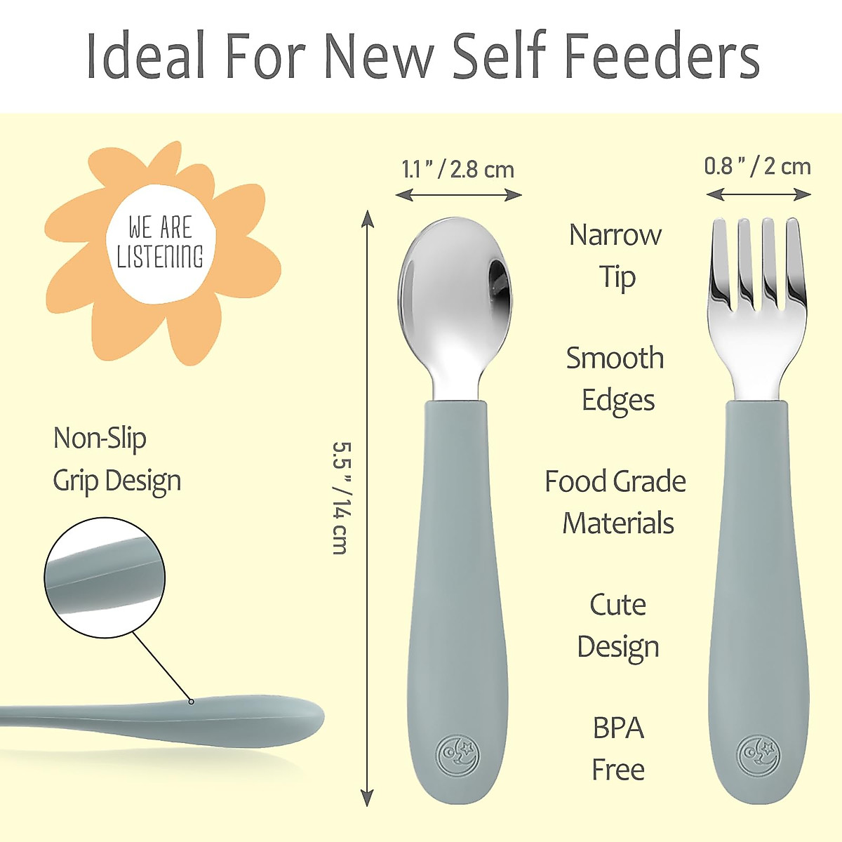 CoixFoam 8 Pieces Toddler Utensils, Toddler Safe Silverware Set With Food Grade Silicone Hanlde, 18/8 Stainless Steel, Perfect Length For New Self Feeders, Dishwasher Safe